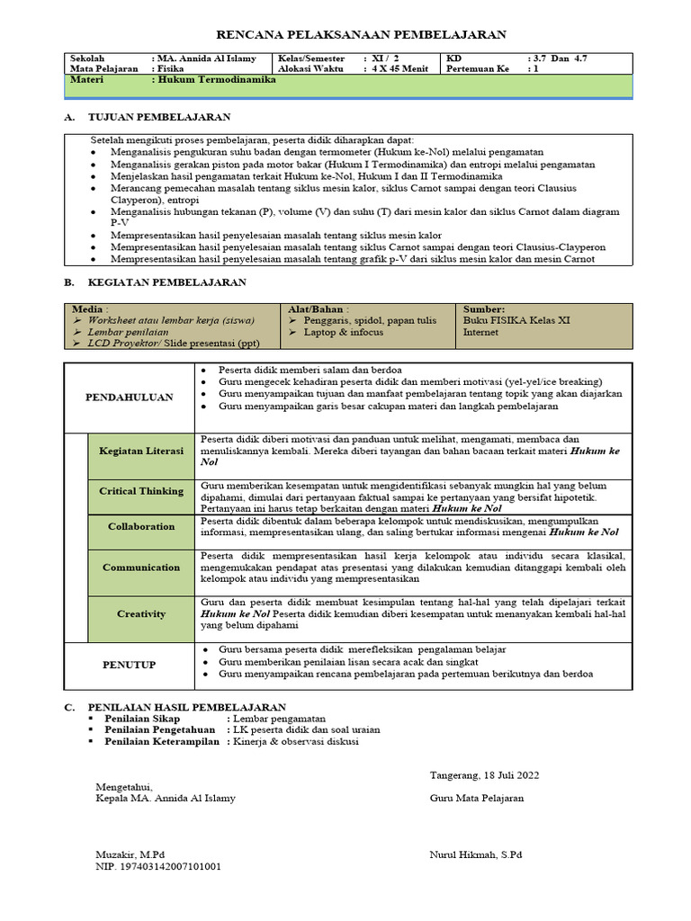 RPP Fisika: Hukum Termodinamika XI | PDF | Seni