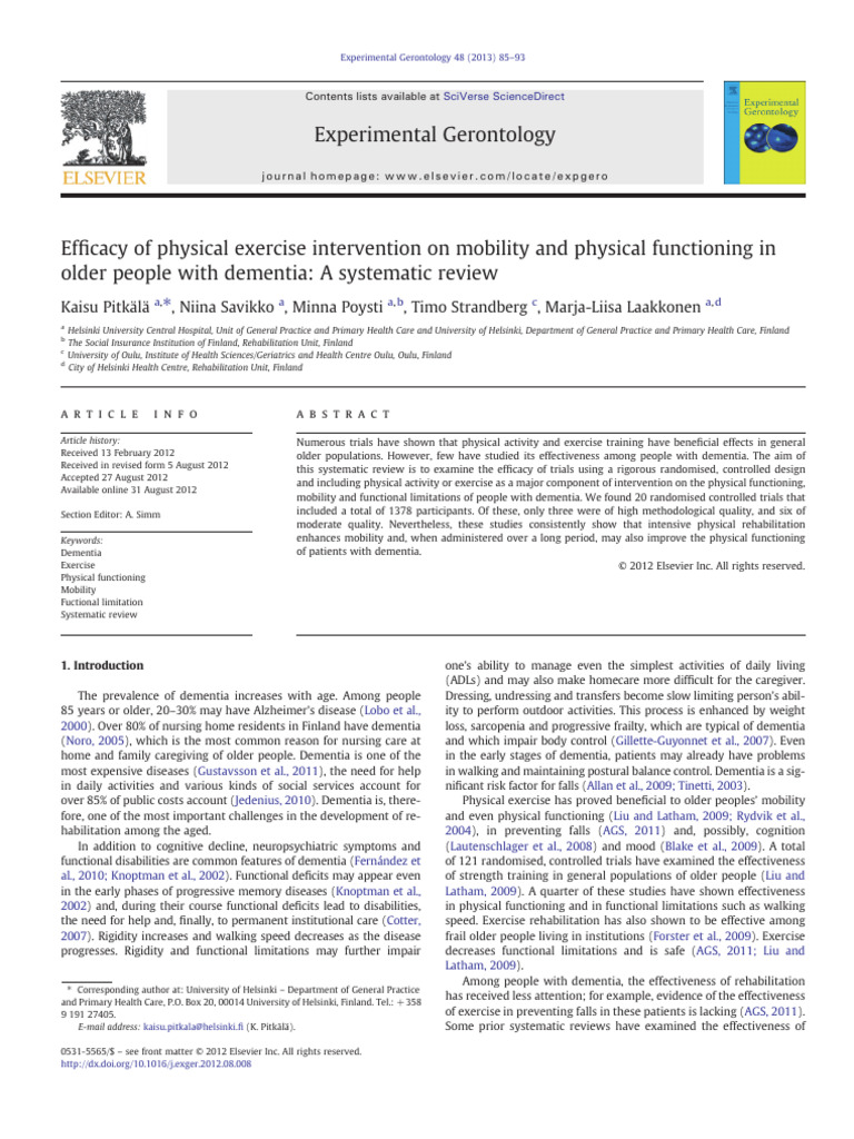 (Review) Efficacy of Physical Exercise Intervention On Mobility and Physical Functioning in ...