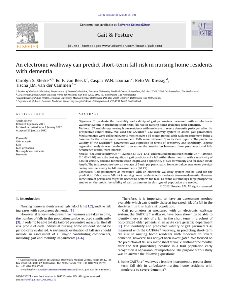 An Electronic Walkway Can Predict Short-Term Fall Risk in Nursing Home Residents | PDF ...
