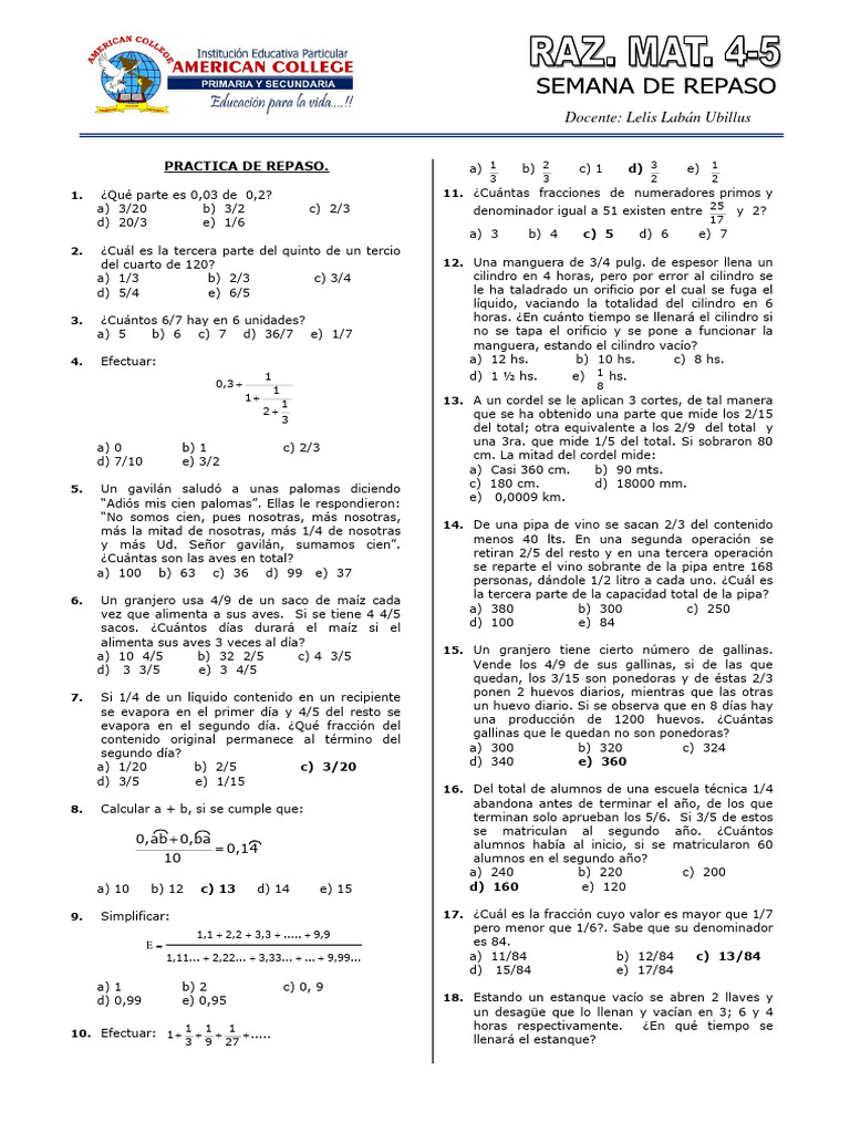 Repaso - Ii Bim - RM 4°-5° - 2023 | PDF