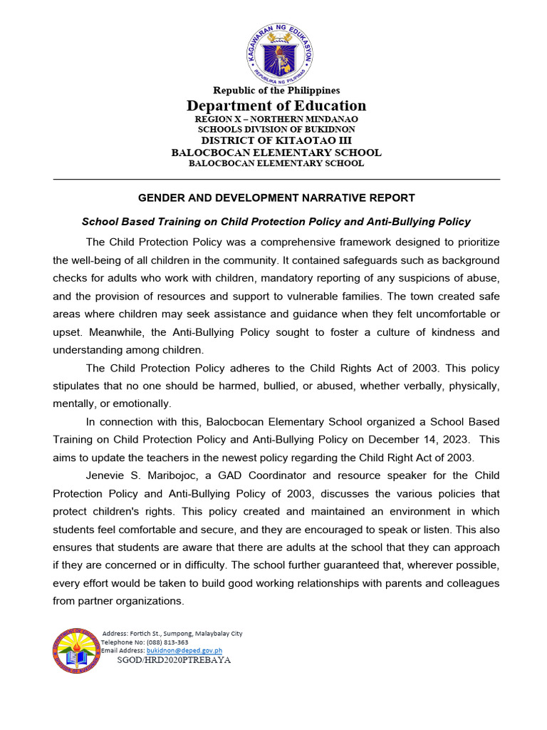 Gad Narrative Report | PDF | Child Protection | Bullying