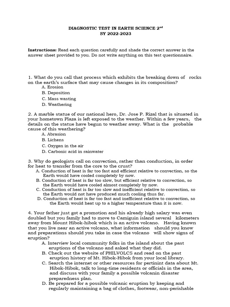 Earth Science Diagnostic Test 2ND QUARTER | PDF | Sedimentary Rock ...