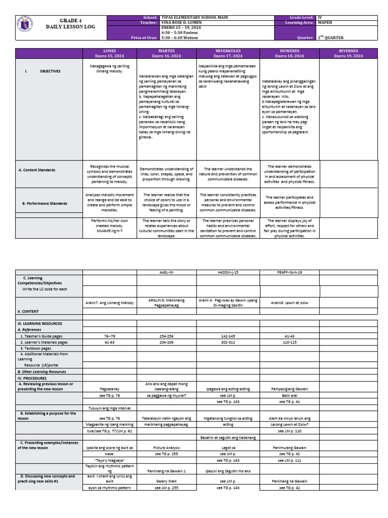 DLL Mapeh-4 Q2 W9 | PDF