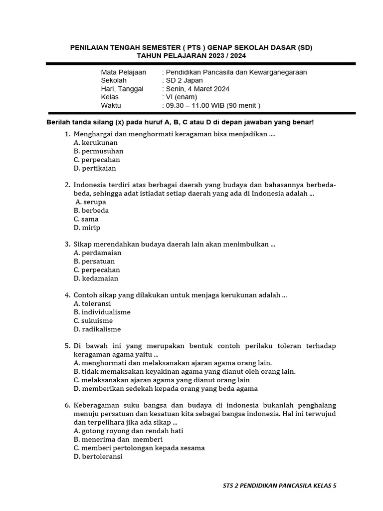 SOAL P. Pancasila STS 2 | PDF