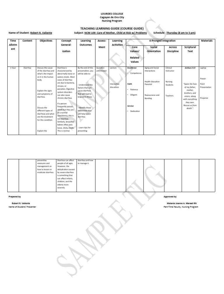 SAMPLE TEACHING LEARNING GUIDE (Diarrhea) | PDF