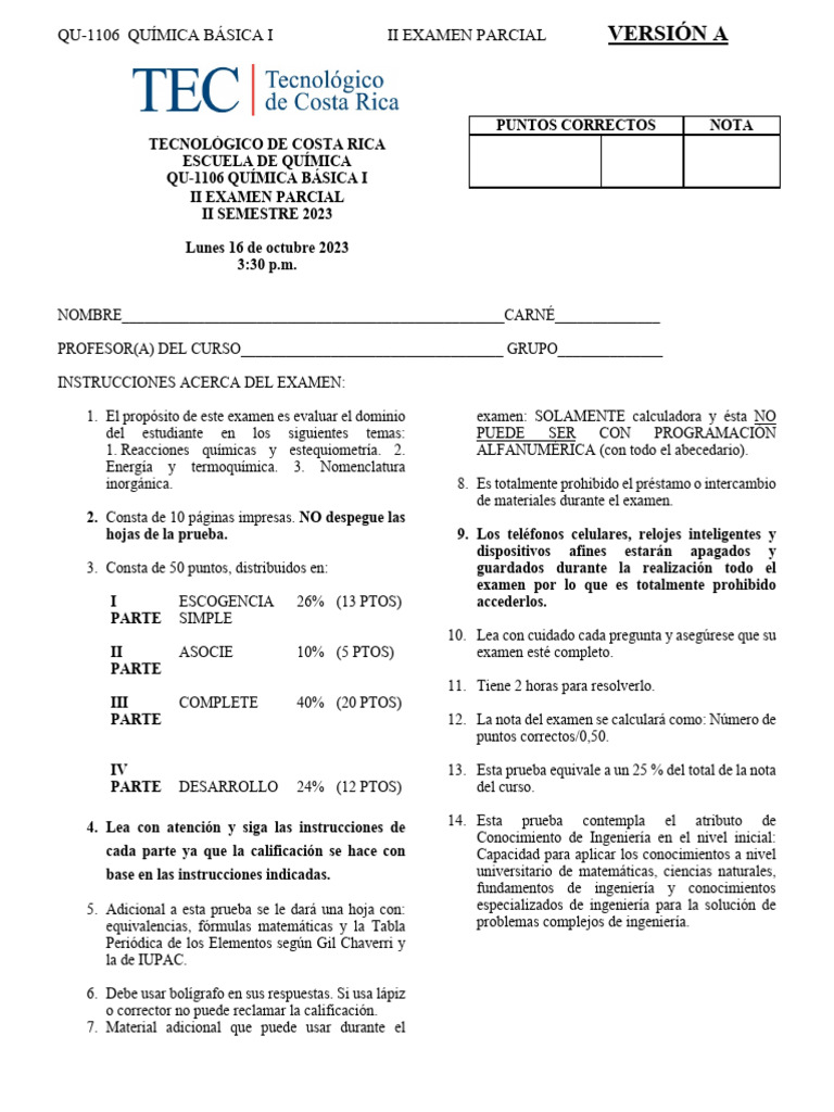 Examen de Práctica de Química Básica I | Descargar gratis PDF | Redox | Metano