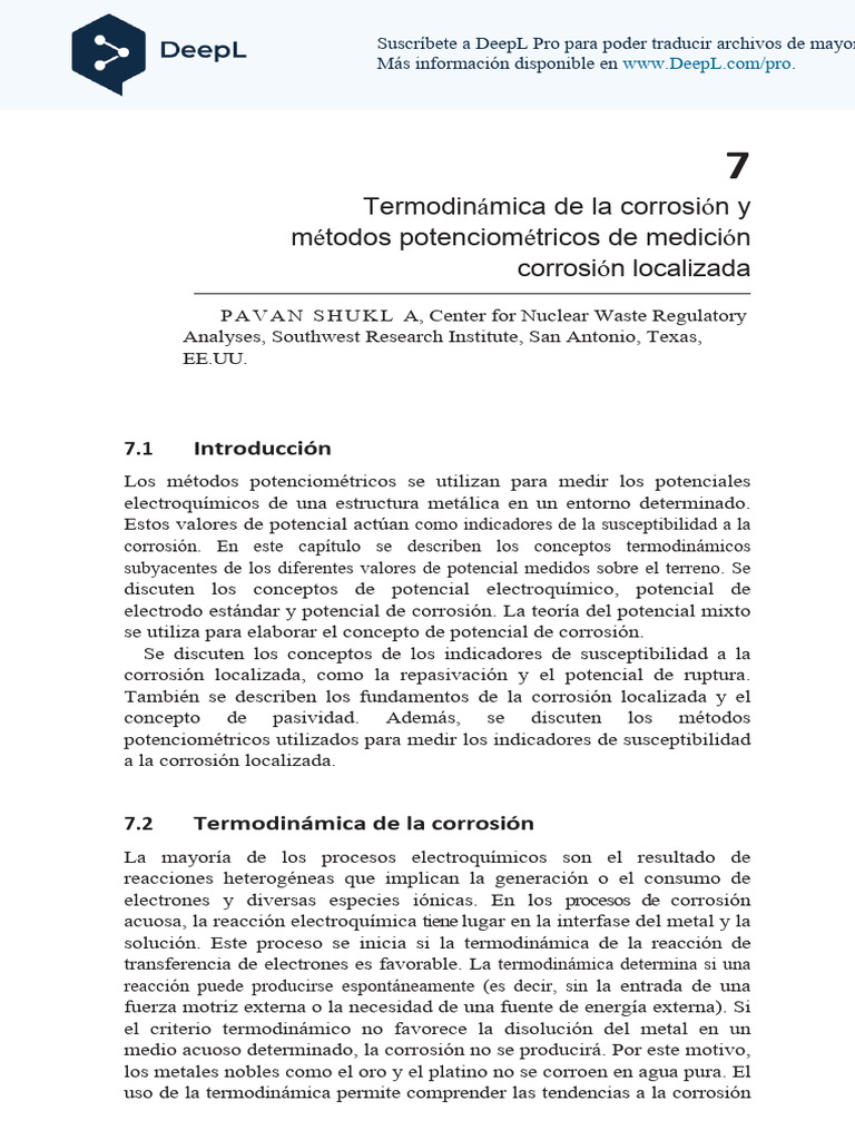 Termodinamica de La Corrosion y Metodos de Potenciometria para Medir Corrosion Localizada Es ...