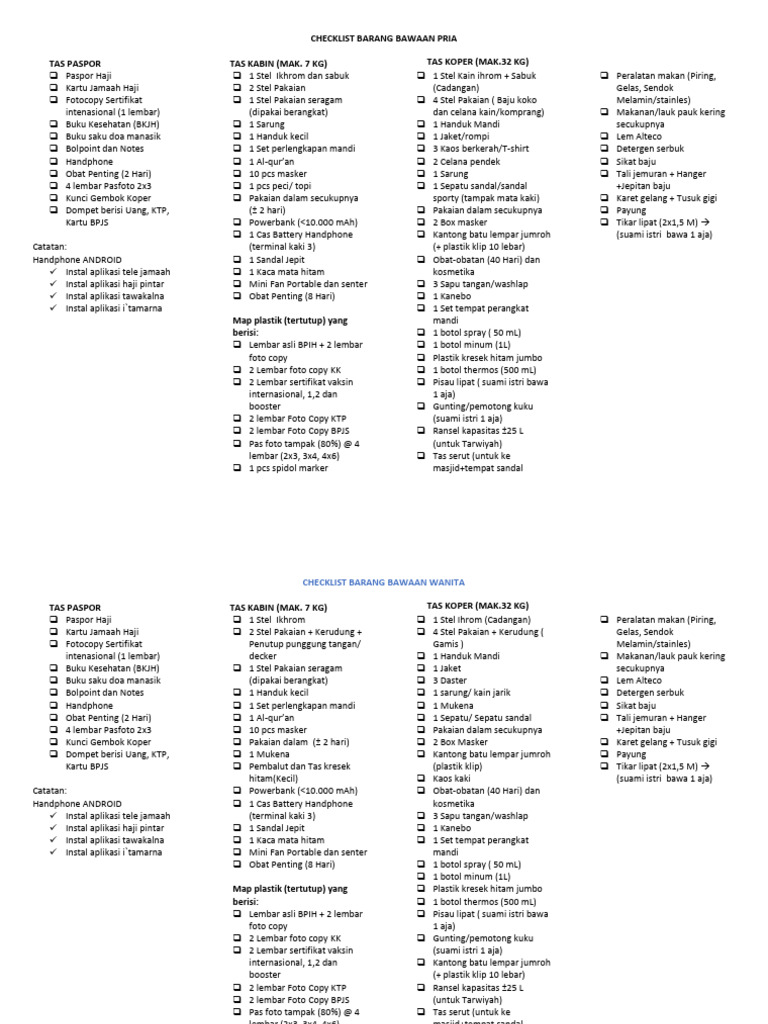 Checklist Barang Bawaan | PDF
