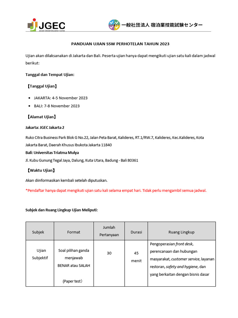 Panduan Ujian SSW Perhotelan Tahun 2023 (JAKARTA DAN BALI) | PDF