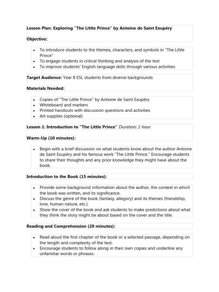 Lesson Plan For Little Prince | PDF