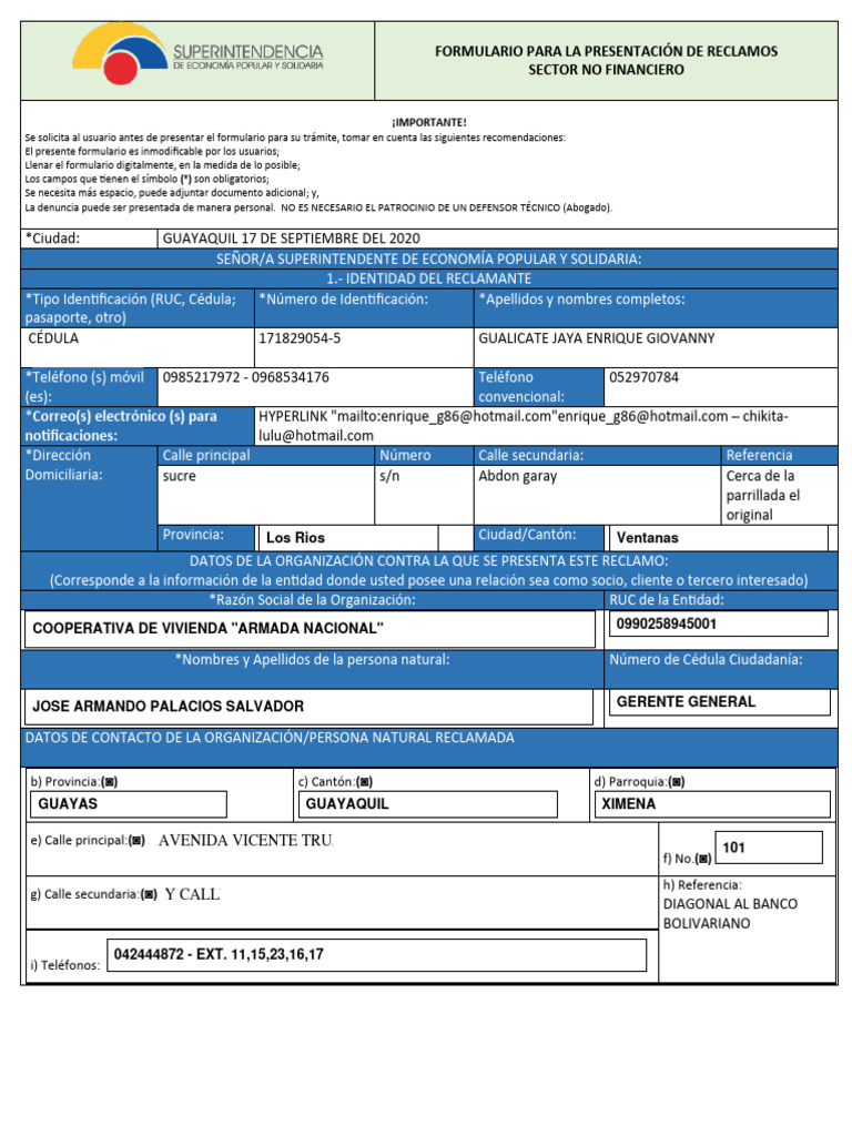 FORMULARIO PARA LA PRESENTACIÓN DE RECLAMOS Y QUEJAS SNF Dnlsnf2018 | PDF
