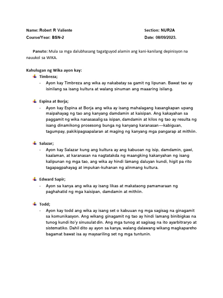 Assignment in Wika | PDF