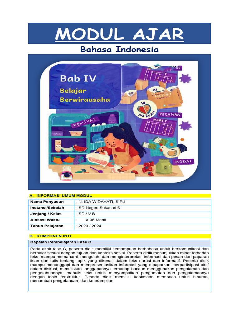 Modul Ajar B Indonesia Kelas 5 Bab 4 Belajar Berwirausaha Pdf