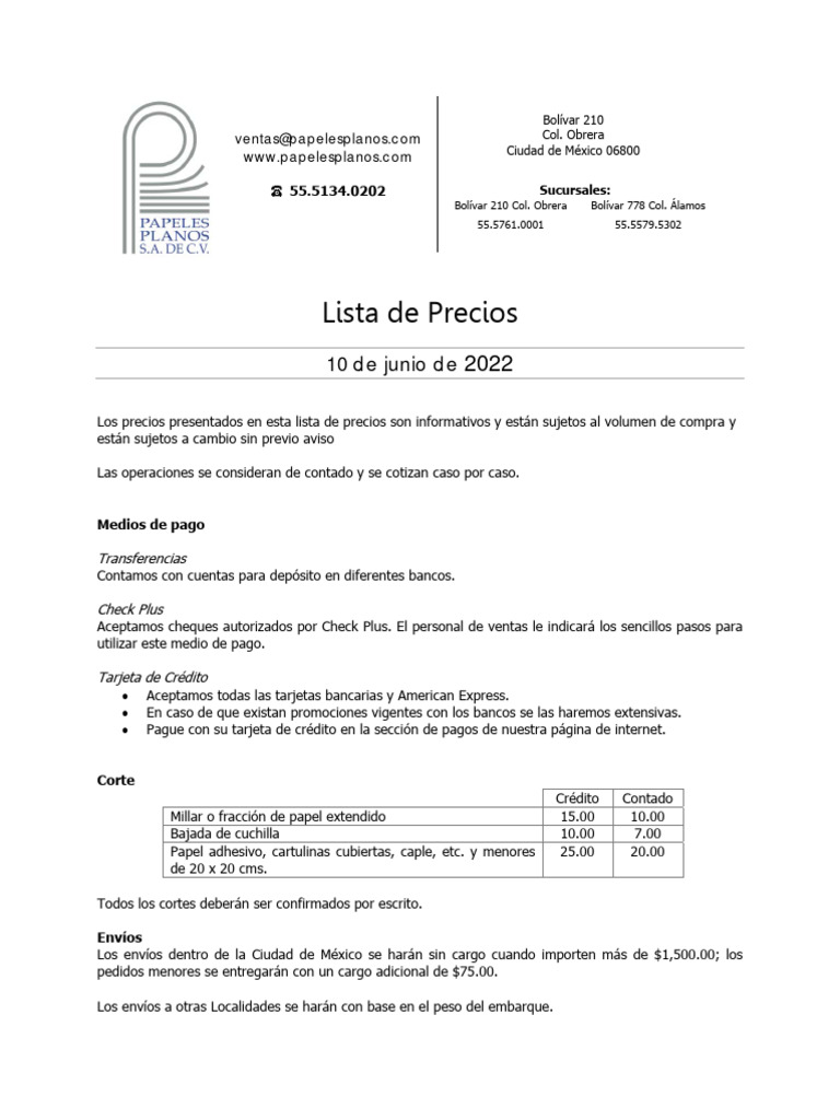 Papeles Planos - Lista de Precios 10 de Junio de 2022 | PDF