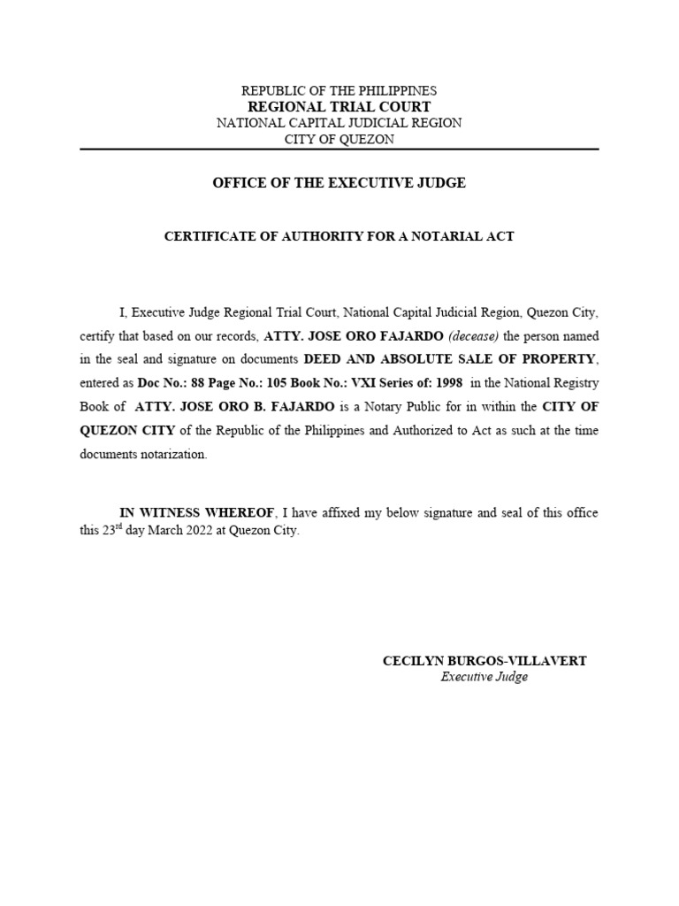 Certificate of Authority For A Notarial Act | PDF