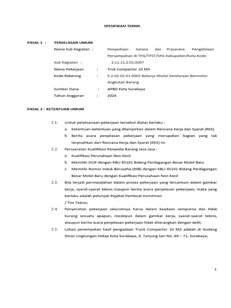 Spesifikasi Truk Compactor 10 M3 | PDF | Teknologi & Rekayasa