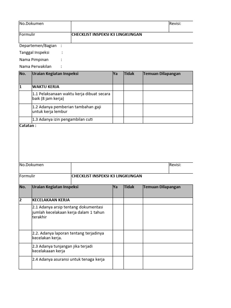 Checklist Inspeksi K3 Lingkungan | PDF