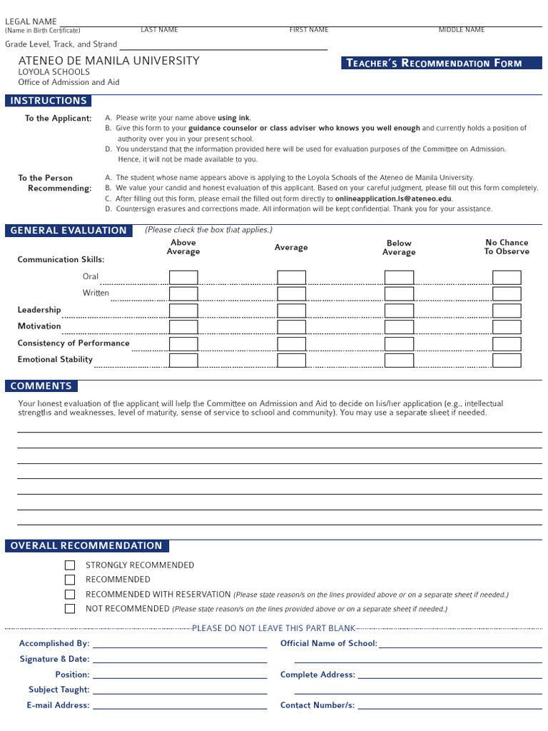 Teacher's Recommendation Form | PDF | Evaluation | Behavior Modification