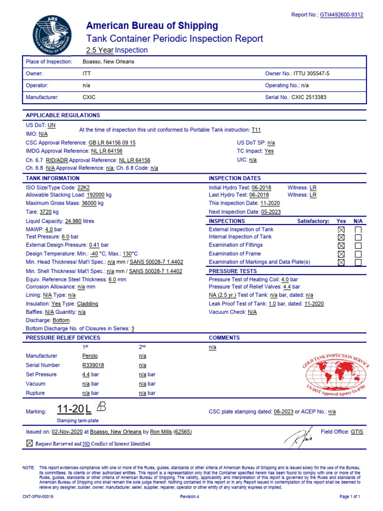 Tank Certificate Sample | PDF