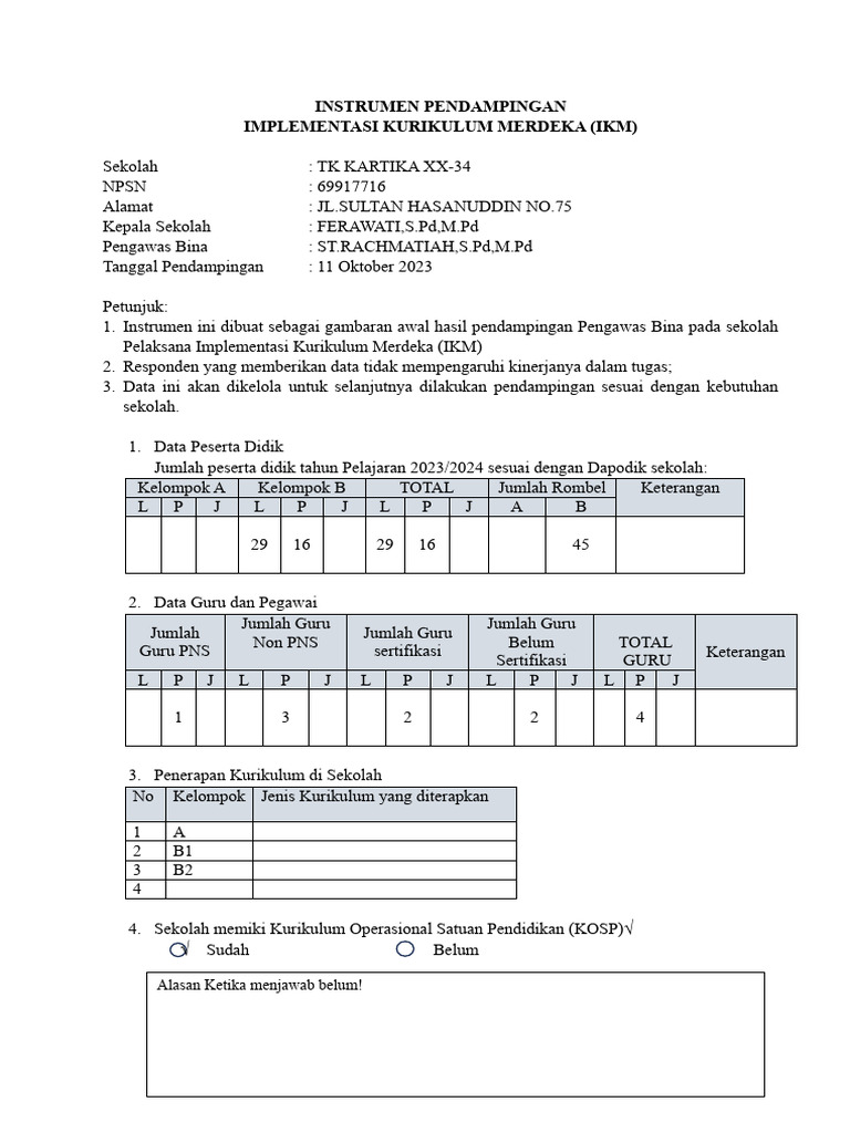 Instrumen Pendampingan Ikm TK | PDF