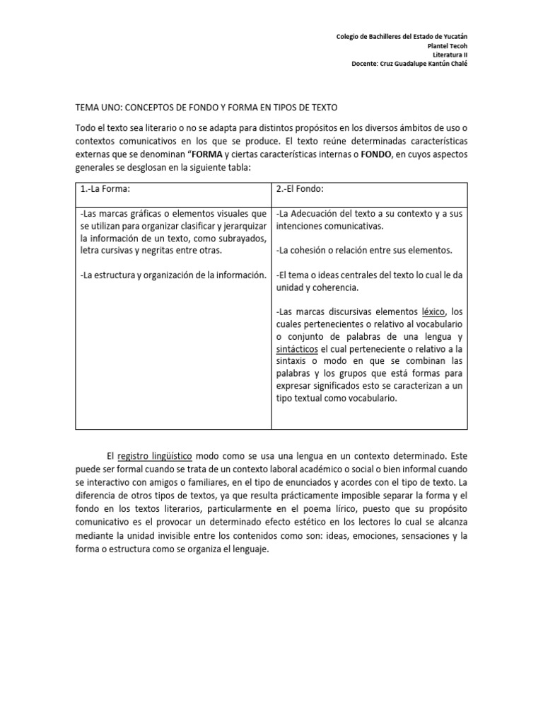 TEMA UNO. Fondo y Forma. Actividades | PDF