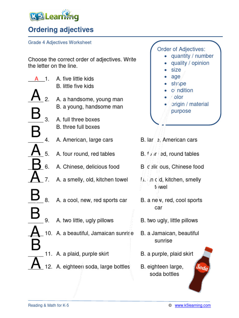 Grade 4 Adjective Order Worksheet | PDF