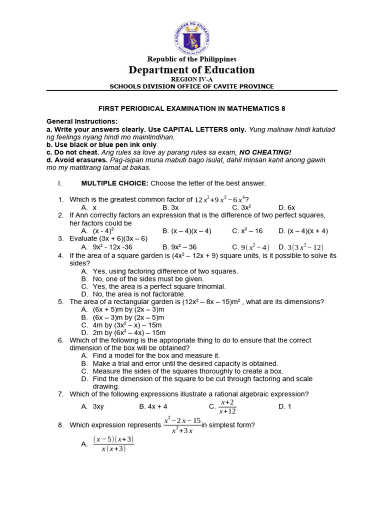 First Periodical Examination in Mathematics 8 | PDF | Cartesian ...