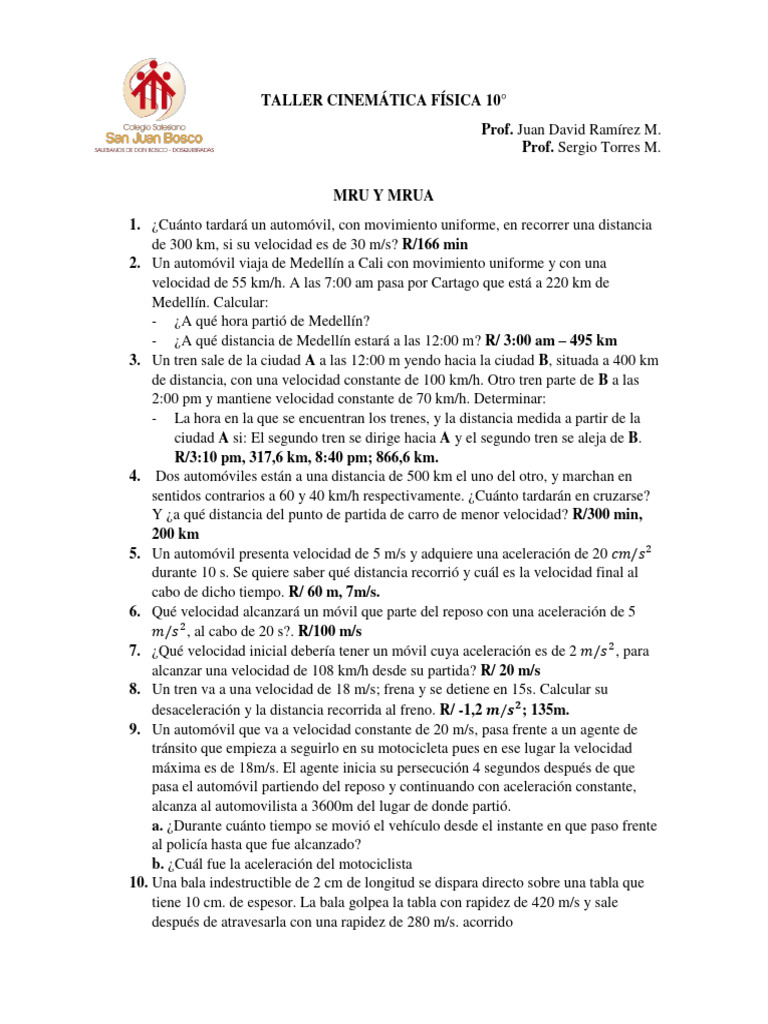 Taller Cinemática Física 10 | PDF | Velocidad | Tren