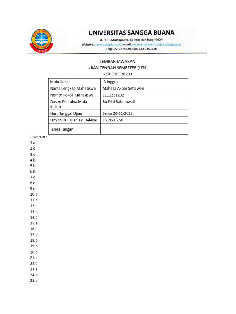 Lembar Jawaban UTS Ganjil 2023-2024 | PDF