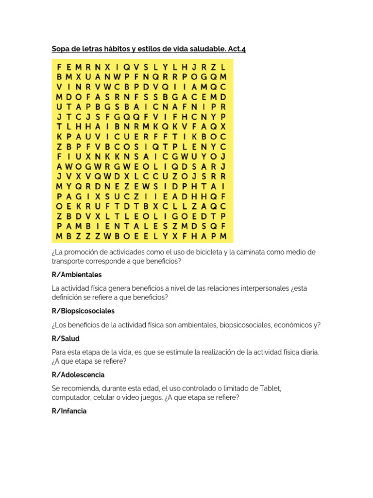Sopa de Letras: Hábitos Saludables | PDF | Relaciones personales ...