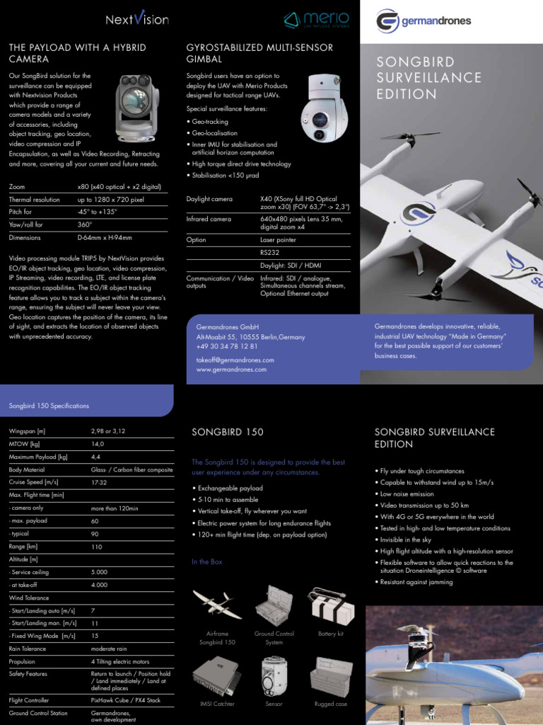SongBird Surveillance UAV Features | PDF | Video | Camera