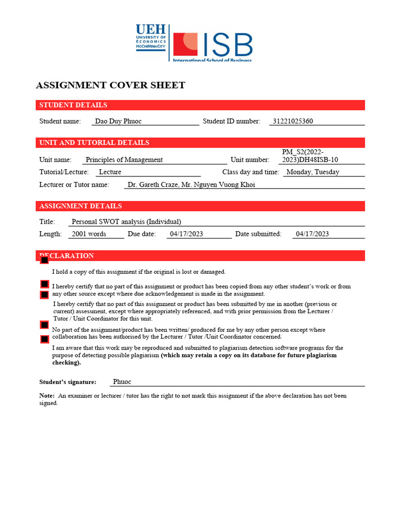 Personal SWOT Analysis - PM10 - DAO DUY PHUOC | PDF | Marketing ...