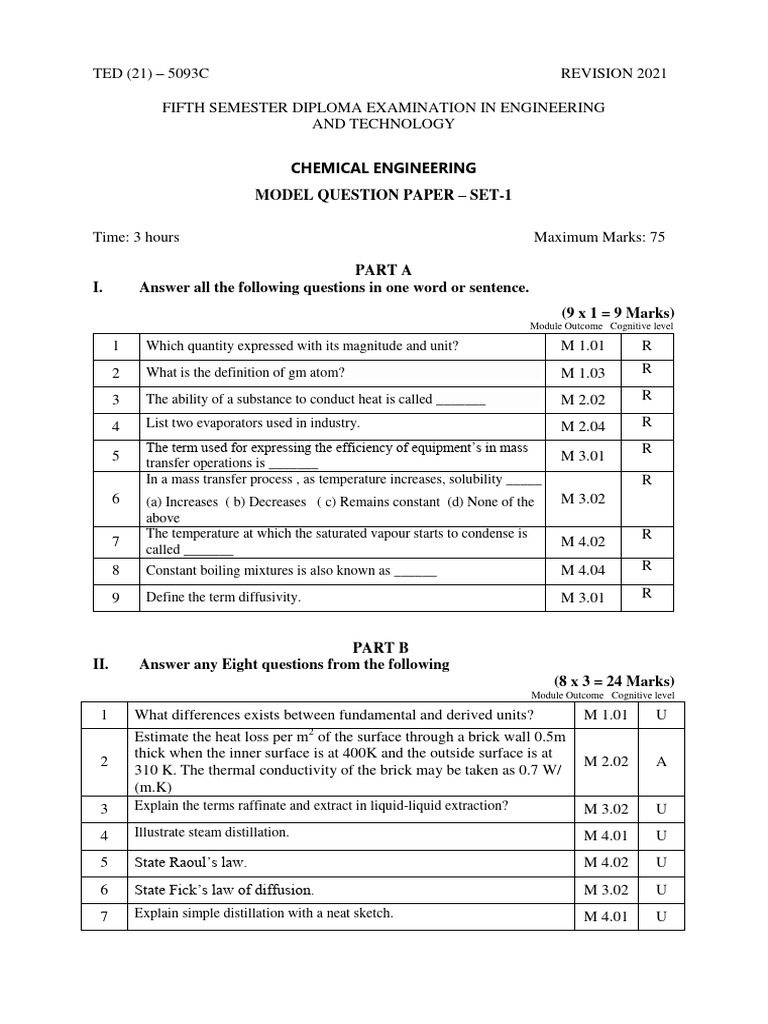 Chemical Engineering Model Question Paper - Set-1: Module Outcome ...