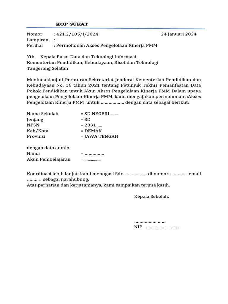 Contoh Surat Permohonan Akses Pengelolaan Kinerja PMM | PDF