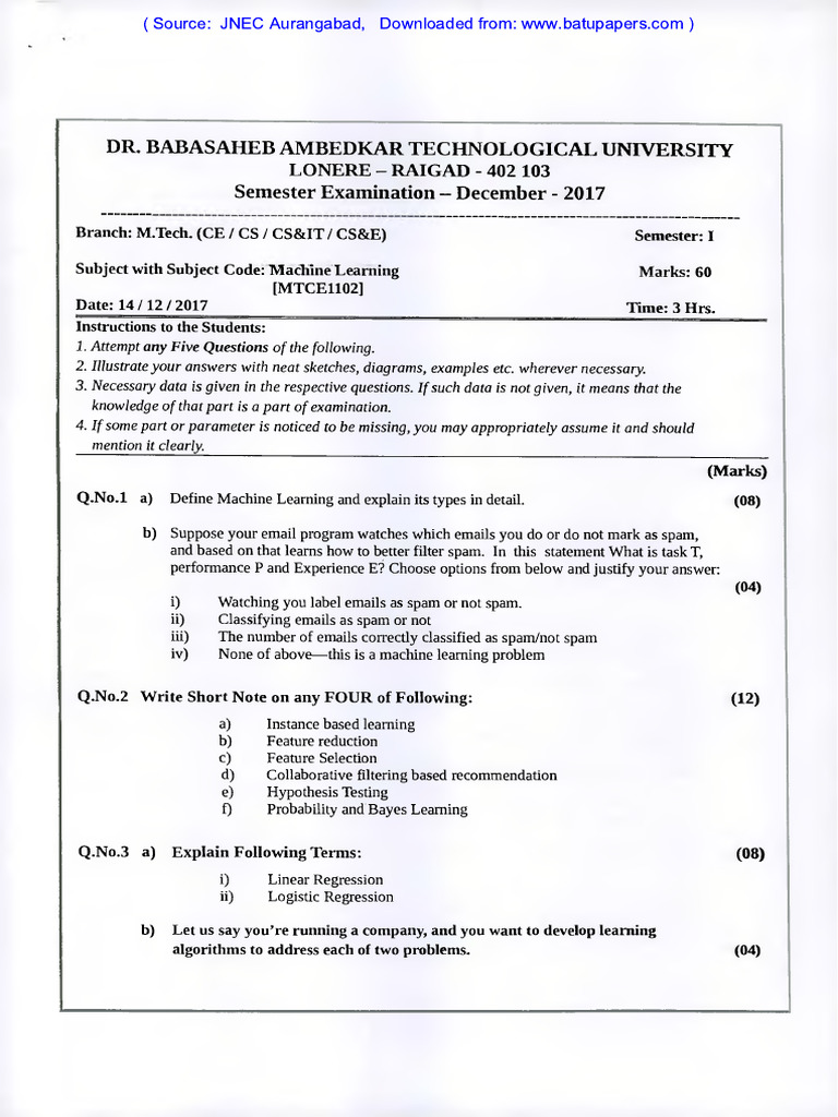 Mtech 1 Sem Machine Learning Mtce1102 Dec 2017 | PDF | Statistical Classification | Machine Learning