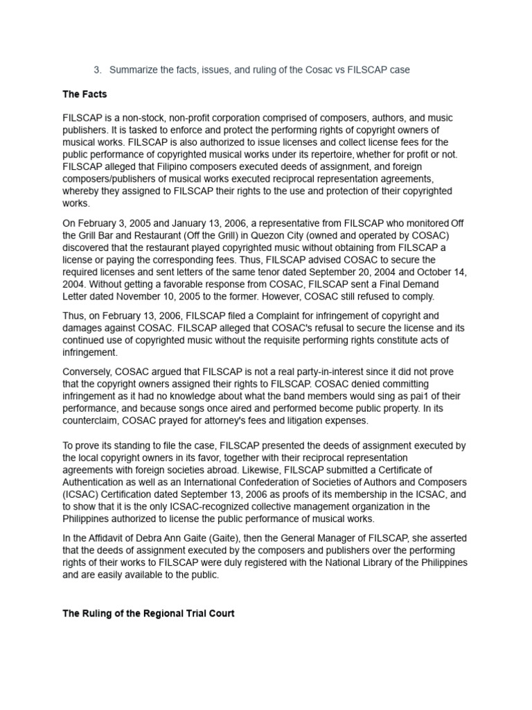 Cosac Inc v. Filscap Summary | Download Free PDF | Copyright | Lawsuit