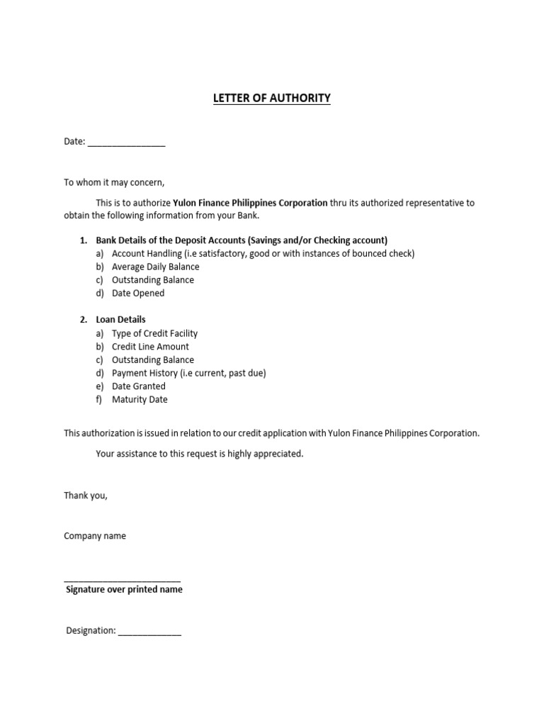 LOA For Bank and Trade Checking | PDF