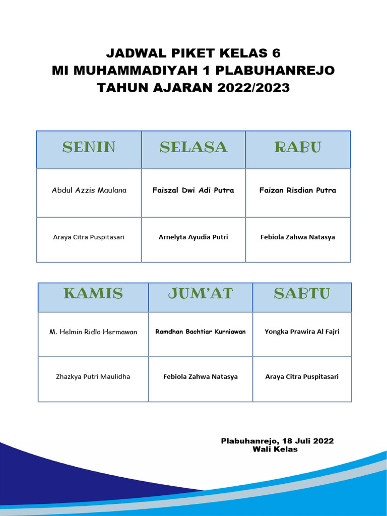 Jadwal Piket Kelas 6 2022 | PDF