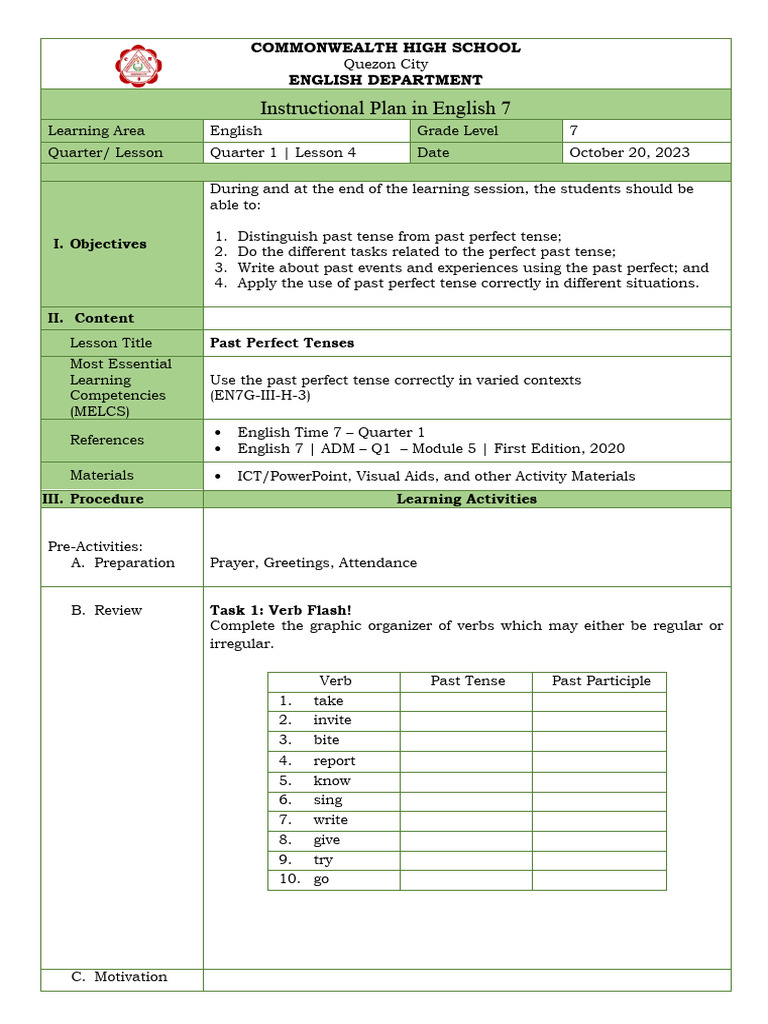 LP CO1 Perfect Past Tense 1 | PDF | Grammatical Tense | Perfect (Grammar)