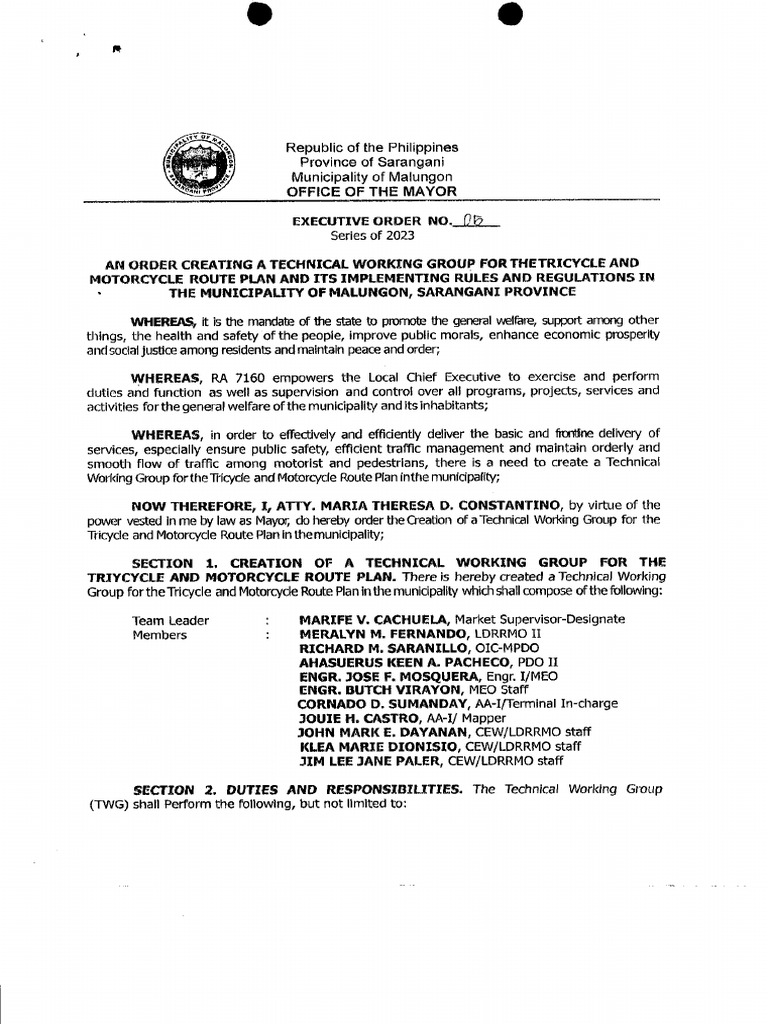 EO No. 5 S. 2023-Creating TWG For Tricycle & Motorcycle Route P. | PDF