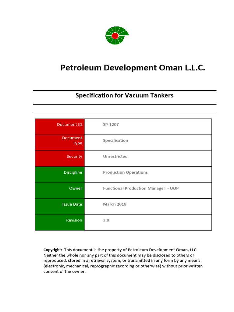 #242 SP 1207 Specification For Vacuum Tankers PDO | PDF