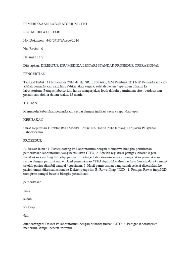 Pemeriksaan Laboratorium Cito | PDF