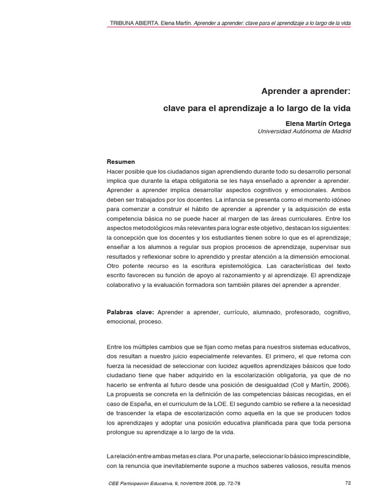 Martin. Aprender A Aprender - Clave para El Aprendizaje A Lo Largo de La Vida | PDF ...