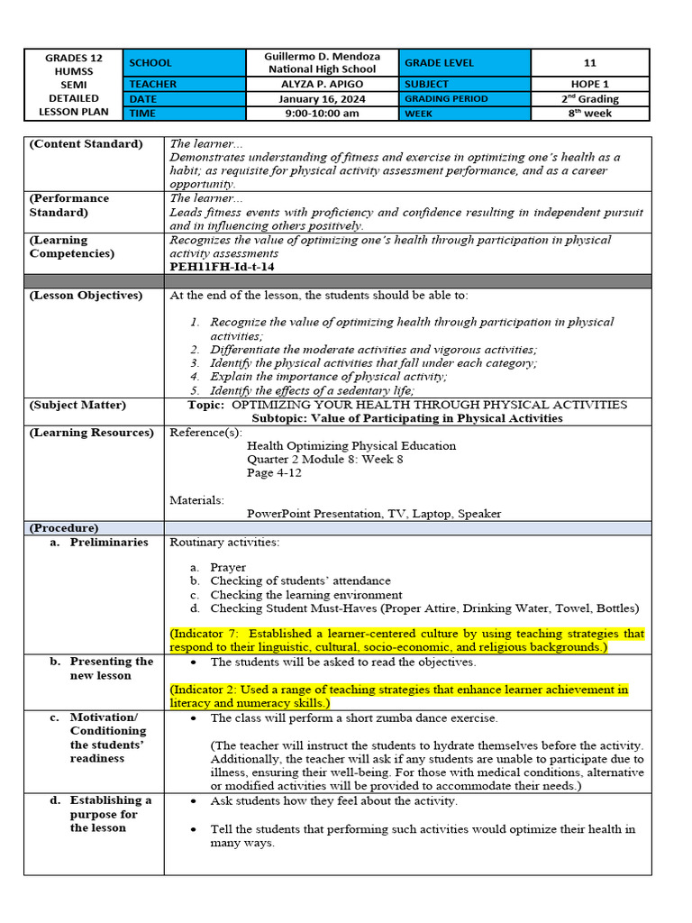 Lesson Plan in HOPE 1 - CO2 - SY 2023-2024 | PDF