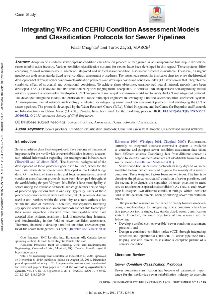 整合 WRc 和 CERIU 下水管道状况评估模型和分类协议 | PDF
