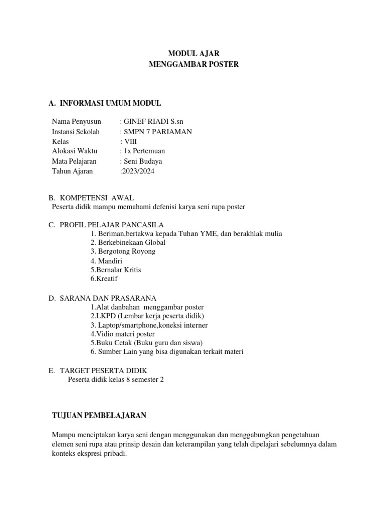 MODUL AJAR Menggambar Poster Ginef | PDF