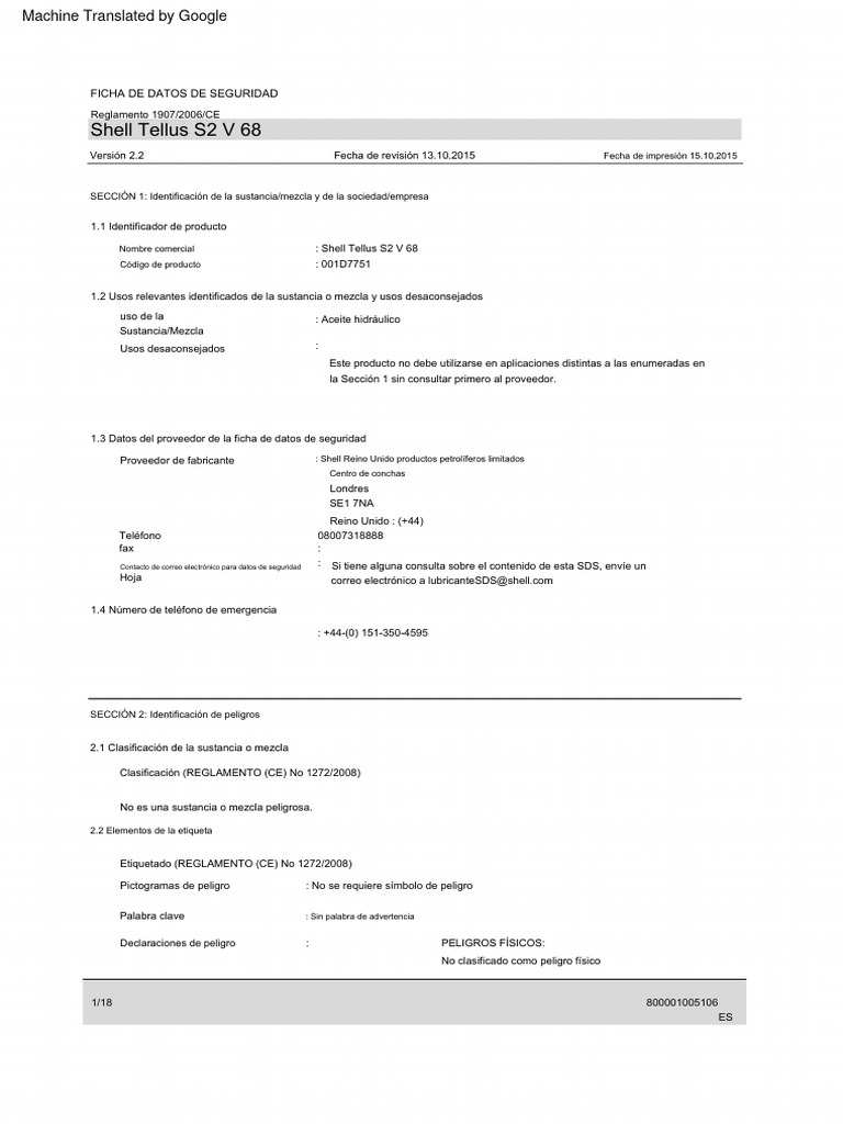 Shell Tellus S2 V 68 MSDS | PDF | Toxicidad | Aguas residuales
