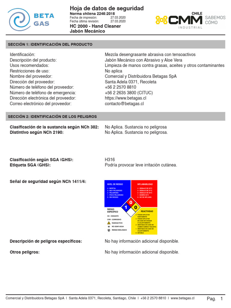 Jabón Desengrasante HC 2000 Betagas | PDF | Toxicidad | Agua