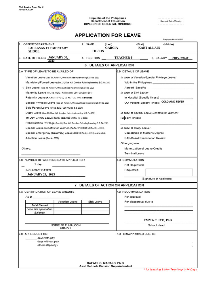 Leave Form FORM 6 KART | PDF | Sick Leave | Parental Leave