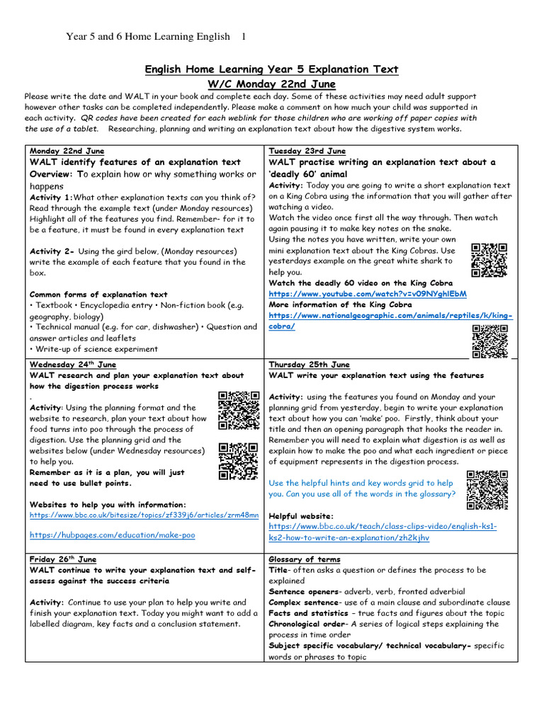 English Home Learning Explanation Text 22nd June Yr 5 and 6 | PDF